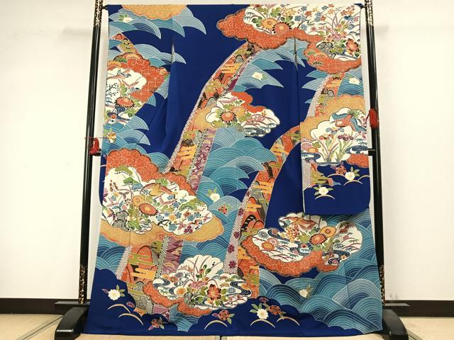 平和屋着物●紅型　振袖　雲重ね草花文　鬼しぼ縮緬　ロング丈　正絹　逸品　AABD0527fy