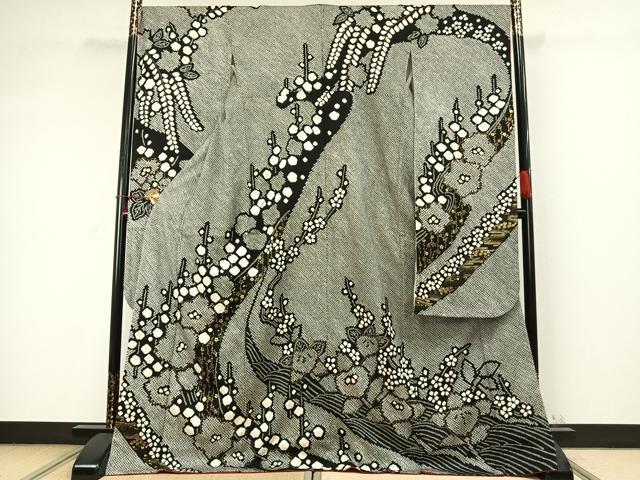 平和屋着物●豪華振袖　絞り　舞花文　黒地　金彩　ロング丈　正絹　逸品　AABD0539fy