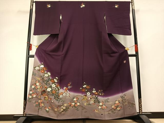 平和屋着物●ファッションデザイナー 花井幸子　訪問着　刺繍　貝桶草花文　暈し染め　金糸　金彩　正絹　逸品　AABD0589fy