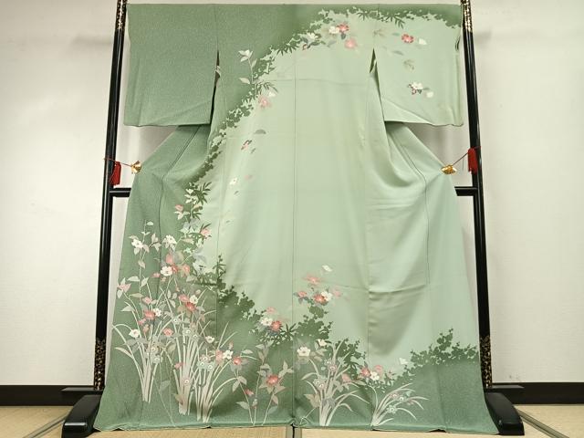 平和屋着物●訪問着　草花文　ロング丈　正絹　逸品　AABD0655fy