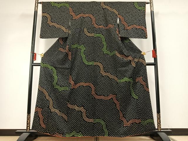 平和屋着物●上質な紬　絞り　幾何学文様　黒地　正絹　逸品　AABD0680fy