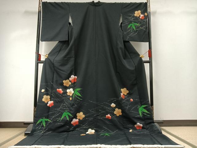 平和屋着物●お引きずり・お引き摺り・訪問着　和装　結婚式　舞妓　芸妓　芸者　衣装　松竹梅　黒地　金彩　逸品　AABD0683fy