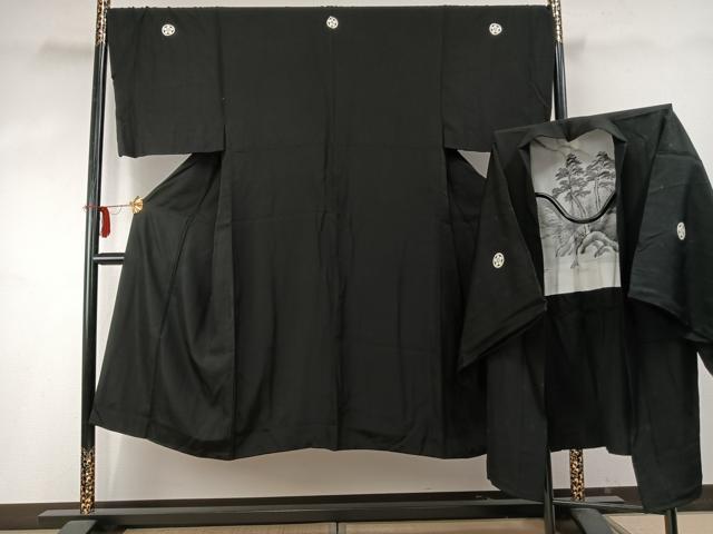 平和屋着物●男性　黒紋付　アンサンブル　羽織セット　キングサイズ　正絹　逸品　AABD0691fy