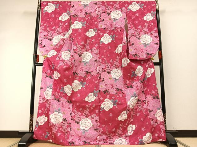 平和屋着物●小振袖　二尺袖　草花文　金彩　洗える着物　AABD0695fy