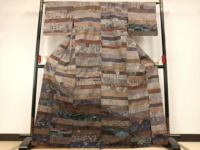 平和屋着物●訪問着　小千谷紬　百柄　横段文　正絹　逸品　AABD0707fy