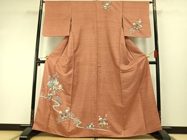 平和屋着物●訪問着　友禅　紬地　風景草花文　正絹　逸品　AABD0710fy