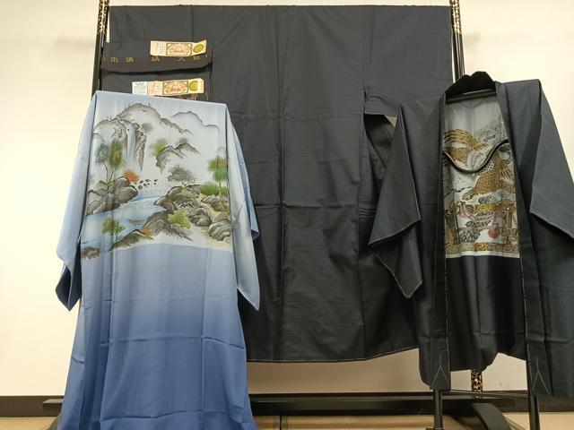 平和屋着物●男性　本場縞大島紬　アンサンブル　長襦袢セット　泥染め　神楽岡　亀甲絣　証紙付き　正絹　逸品　AABD0714fy