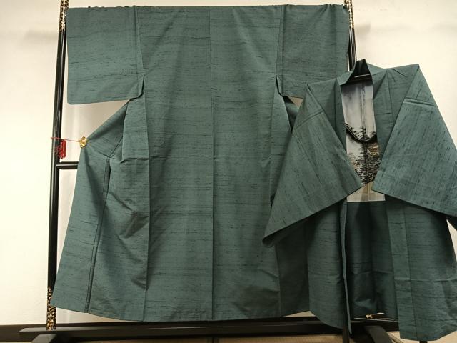 平和屋着物●男性　紬　アンサンブル　霞文　キングサイズ　正絹　逸品　AABD0729fy