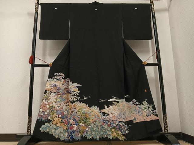 平和屋着物●本加賀友禅作家　土田双園　黒留袖　松竹梅風景文　群鶴　正絹　逸品　AABD0820ph