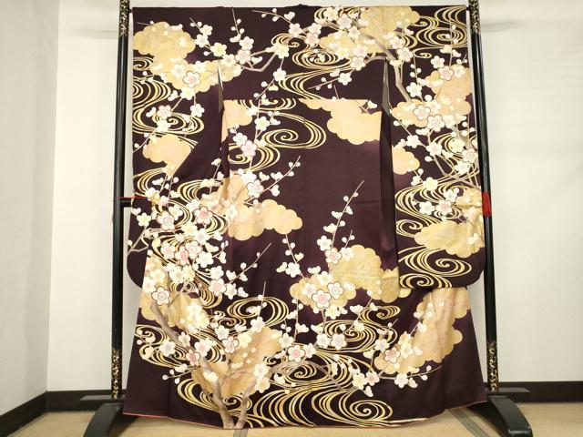 平和屋着物●豪華振袖　流水梅文　金彩　正絹　逸品　AABD0849ck