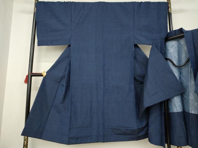 平和屋着物●男性　紬　アンサンブル　色無地　青褐色　正絹　逸品　AABD0851ck