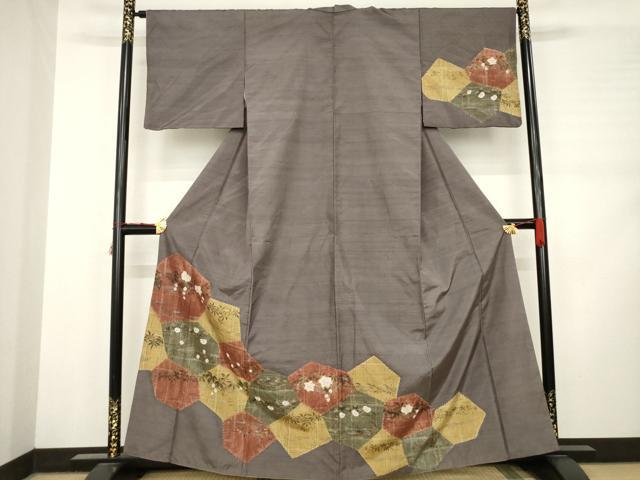 平和屋着物●訪問着　紬地　草花文　金銀彩　正絹　逸品　AABD0878ck