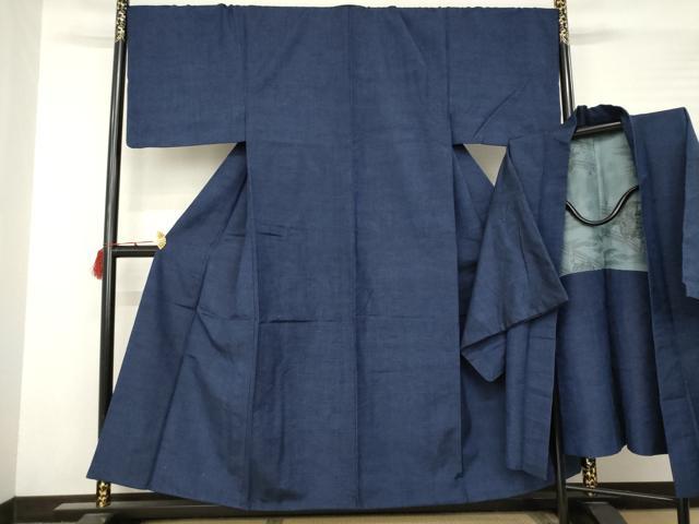 平和屋着物●男性　紬　アンサンブル　色無地　青褐色　正絹　逸品　AABD0900ck