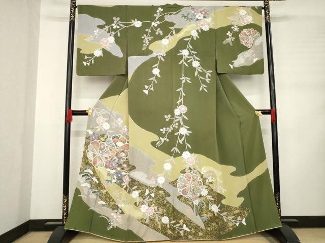 平和屋着物●訪問着　友禅　駒刺繍　絞り　流水花文　金彩　正絹　逸品　AABD0911ck