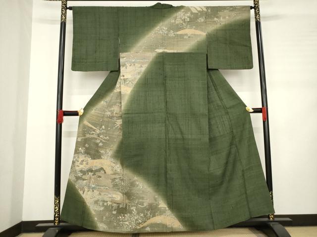 平和屋着物●染織の名門　しょうざん  生紬　訪問着　風景文　暈し染め　正絹　逸品　AABD0916ck