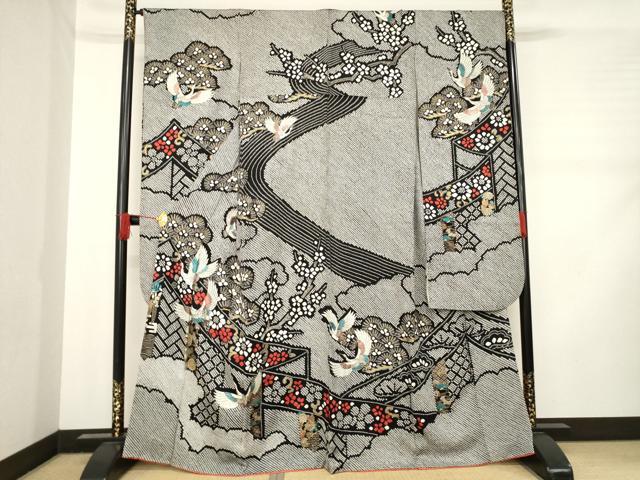 平和屋着物●豪華振袖　総絞り　飛鶴吉祥花文　黒地　金彩　正絹　逸品　AABD0933ck