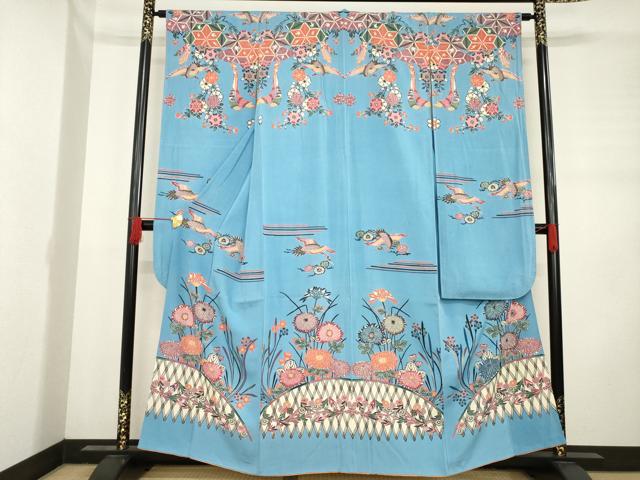 平和屋着物●本場琉球紅型　振袖　飛鶴花籬文　正絹　逸品　AABD0958ck