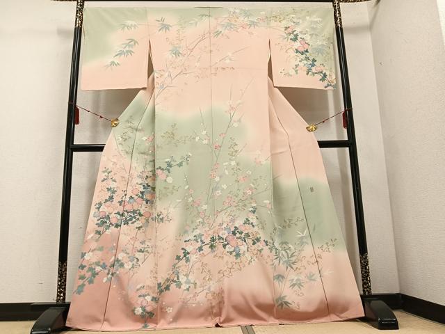 平和屋着物●十日町友禅作家　松雨　訪問着　枝花文　暈し染め　金彩　正絹　逸品　AABD0965ph