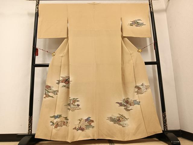 平和屋着物●友禅師・京の名工・伝統工芸士・樽本伊勢蔵　訪問着　手描き　人物風景文　暈し染め　金彩　正絹　逸品　AABD0978ph