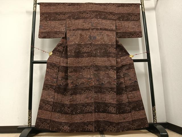 平和屋着物●訪問着　紬地　型染め　風景草花文　正絹　逸品　AABD1001ph