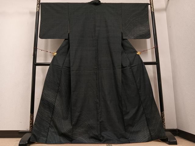 平和屋着物●訪問着　紬地　流水文　黒地　正絹　逸品　AABD1032ph