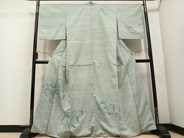 平和屋着物●訪問着　紬地　型染め　草木文　正絹　逸品　AABD1033ph