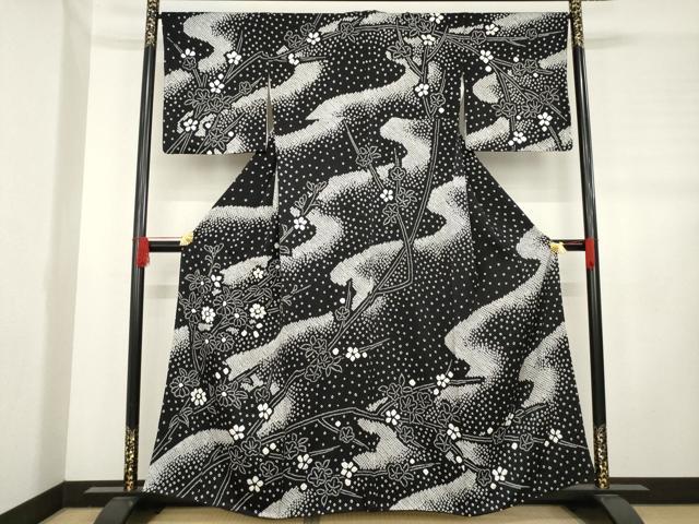 平和屋着物●訪問着　総絞り　枝花文　黒地　正絹　逸品　AABD1091ck