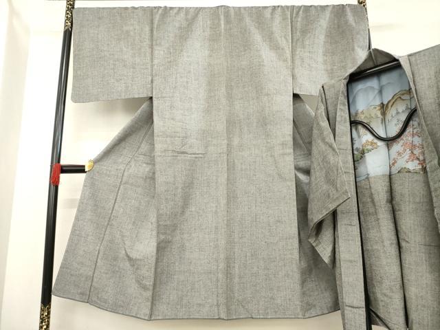 平和屋着物●男性　紬　アンサンブル　色無地　煤色　キングサイズ　正絹　逸品　AABD1112ck