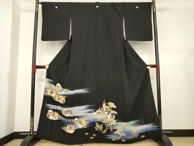 平和屋着物●豪華黒留袖　駒刺繍　鴛鴦松文　暈し染め　金彩　正絹　逸品　AABD1118ck