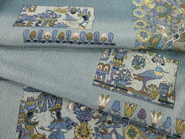 平和屋着物●上質な小紋　人物更紗花間道　鬼しぼ縮緬　正絹　逸品　AABD1158ck