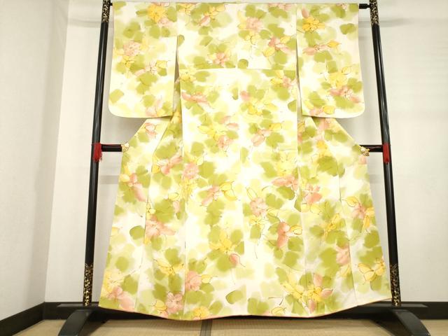 平和屋着物●上質な小紋　草花文　地紋起こし　正絹　逸品　AABD1563ck