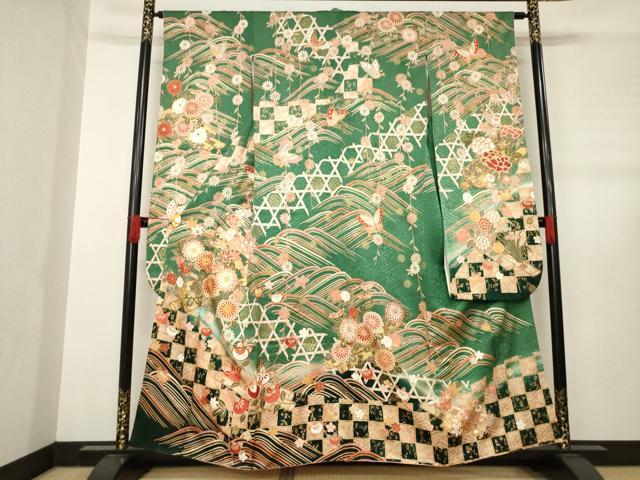 平和屋着物●豪華振袖　駒刺繍　花蝶筏文　金彩　正絹　逸品　AABD1600ck