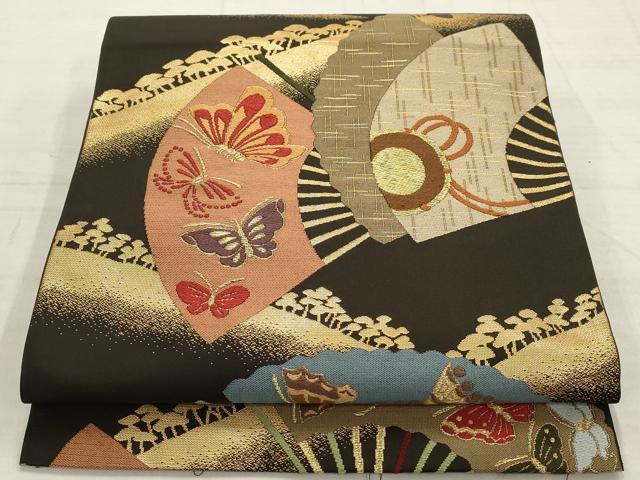 平和屋着物●紫幸織　六通柄袋帯　唐織　扇彩金内庄　扇面花蝶文　金糸　正絹　逸品　AABD3006wj