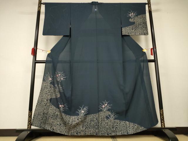 平和屋着物＊夏物　訪問着　縦絽　刺繍　草花文　銀糸　銀彩　正絹　逸品　AABD3294jd