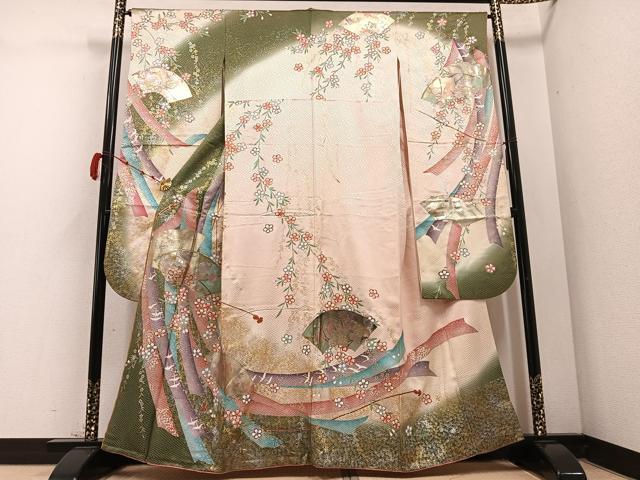 平和屋着物●豪華振袖　染水襲ね　地紙御所車飛鶴花文　暈し染め　金銀彩　正絹　逸品　AABD3413ph