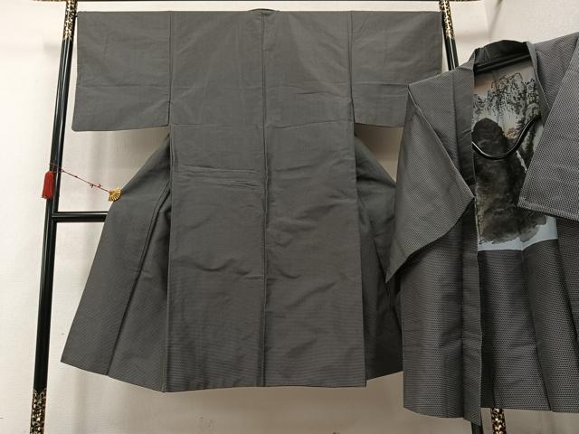 平和屋着物●男性　紬　アンサンブル　亀甲絣　黒地　正絹　逸品　AABD3424ph