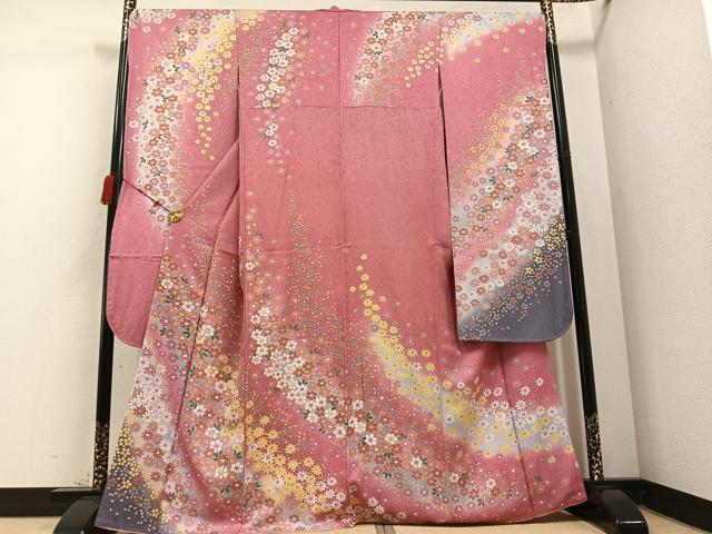 平和屋着物●豪華振袖　駒刺繍　舞花文　暈し染め　銀通し地　正絹　逸品　AABD3439ph