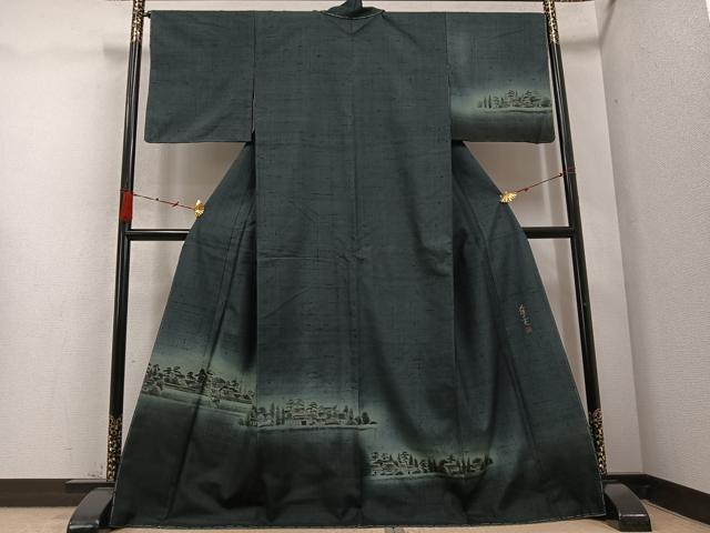 平和屋着物●訪問着　作家物　紬地　手描き　風景文　金彩　正絹　逸品　未使用　AABD3464ph