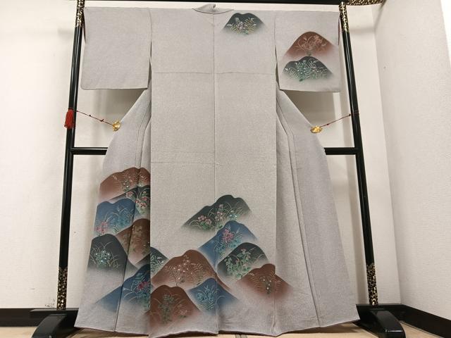 平和屋着物●訪問着　重ね山草花文　鬼しぼ縮緬　正絹　逸品　AABD3467ph