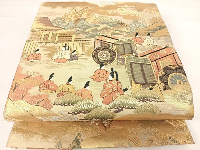 平和屋着物●両方向両面全通柄袋帯　唐織　人物雪輪花鳥文　矢　金糸　正絹　逸品　AABD3719yx