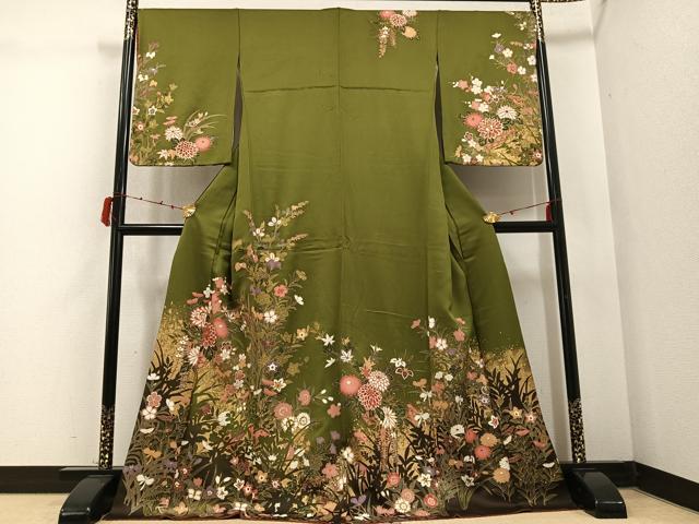 平和屋着物●訪問着　草花文　金彩　ロング丈　正絹　逸品　AABD3936ph