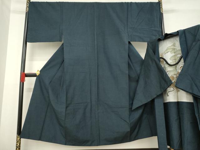 平和屋着物●男性　紬　アンサンブル　色無地　藍鉄色　正絹　逸品　AABD4328ck