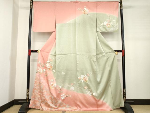 平和屋着物●訪問着　駒刺繍　雪輪花文　暈し染め　金彩　正絹　逸品　AABD4364ck