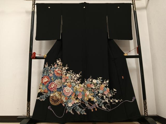 平和屋着物●本加賀友禅作家　奥原一就　黒留袖　花車文　正絹　逸品　AABD4452ph