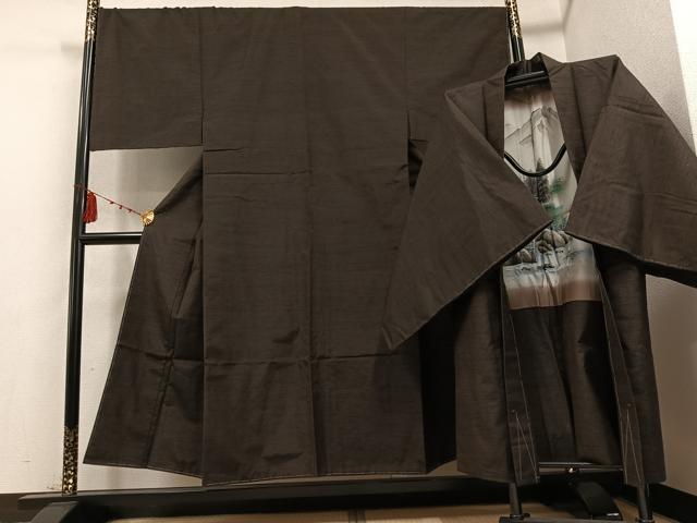 平和屋着物●男性　紬　アンサンブル　色無地　赤墨色　正絹　逸品　AABD4466ph