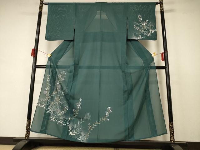 平和屋着物＊夏物　訪問着　絽　手描き　草花文　金銀彩　正絹　逸品　AABD4618jd