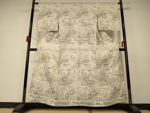 平和屋着物＊夏物　紗紬　生紬　風景文　正絹　逸品　AABD4661jd