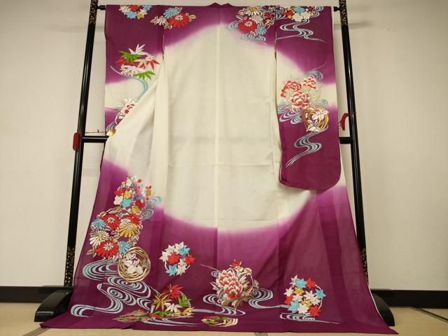 平和屋着物＊夏物　引き振袖　刺繍　絽　流水草花丸文　暈し染め　洗える着物　AABD4672jd