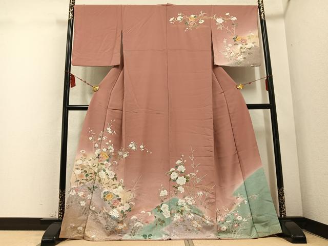 平和屋着物●訪問着　友禅　枝花文　暈し染め　金彩　正絹　逸品　AABD4731ph