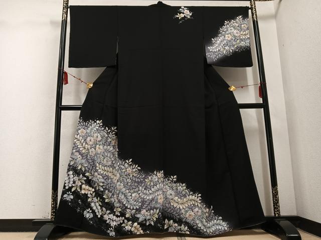 平和屋着物●訪問着　辻が花　絞り　暈し染め　黒地　正絹　逸品　AABD4734ph